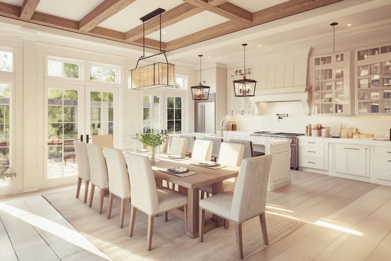 3d Rendering of Luxury Kitchen and Dining Room in House with Wooden ...