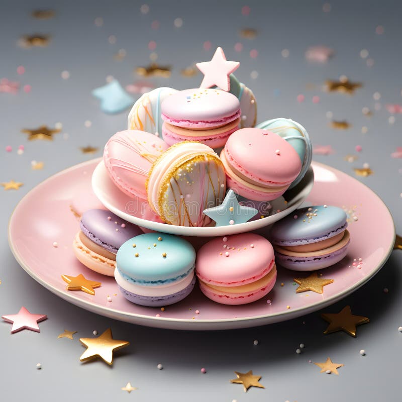 3d Rendering of Macarons on a Plate with Star Decoration on the Table ...