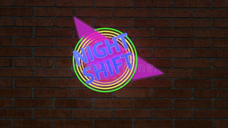 Text "Night SHIFT" on a 80´s Style Neon Sign on a Brick Wall. 3d ...