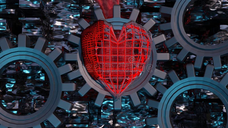 Abstract Art Illustration with Cog Wheels and a Heart in a Protective ...