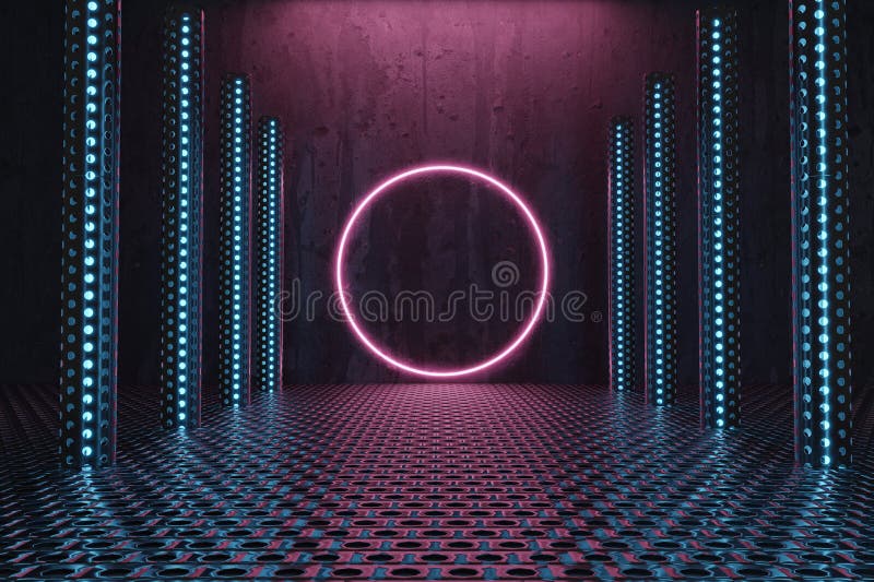 Magenta Lighten Circle Shape Next To Metal Pillars with Holes Stock ...