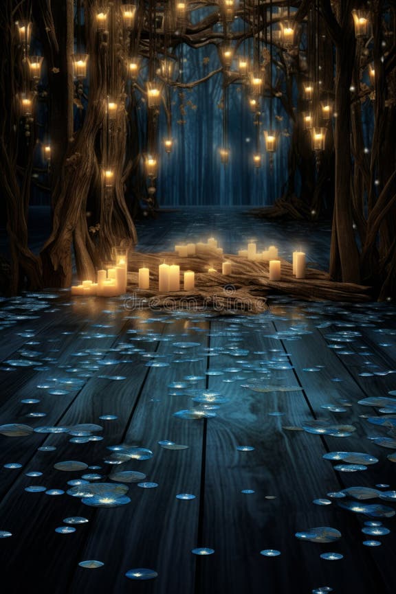3D Rendering of a Magical Forest with a Lot of Glowing Candles Stock Illustration - Illustration ...