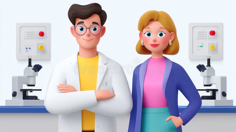 Scientists Posing in Laboratory with Microscopes and Control Panel ...