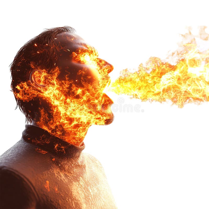 A 3D Rendering of a Man Blowing Fire Out of His Mouth with Dramatic ...