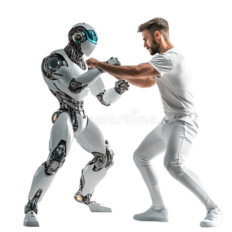 A 3D Rendering of a Man in a Dynamic Fight Pose Facing an AI Robot ...