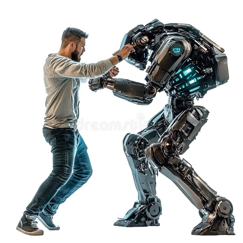 A 3D Rendering of a Man in a Dynamic Fight Pose Facing an AI Robot ...