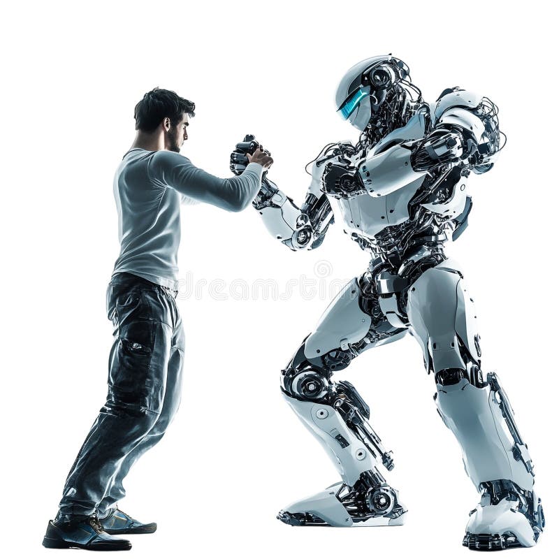 A 3D Rendering of a Man in a Dynamic Fight Pose Facing an AI Robot ...