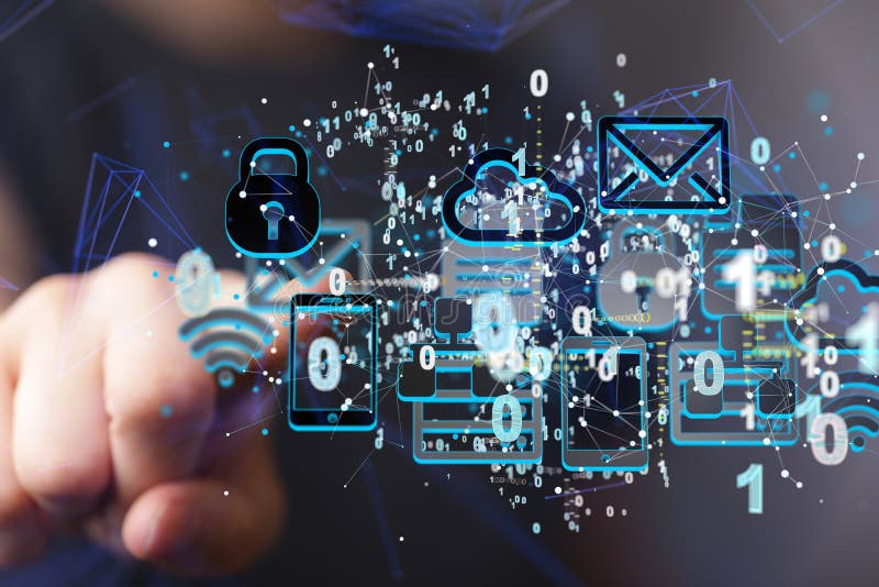 3D Rendering a Man-pointing at Data Internet Infrastructure Concept ...
