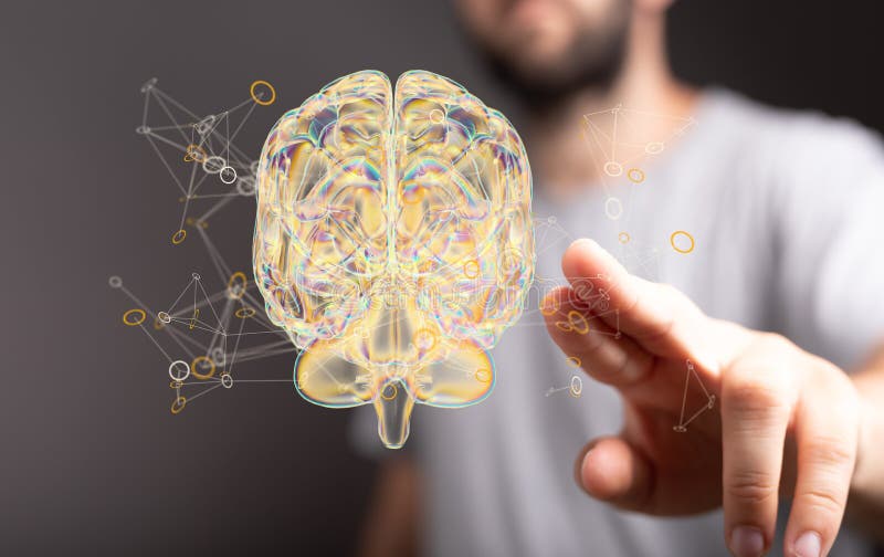 3D Rendering of a Man Pointing at a Floating Digital Human Brain ...