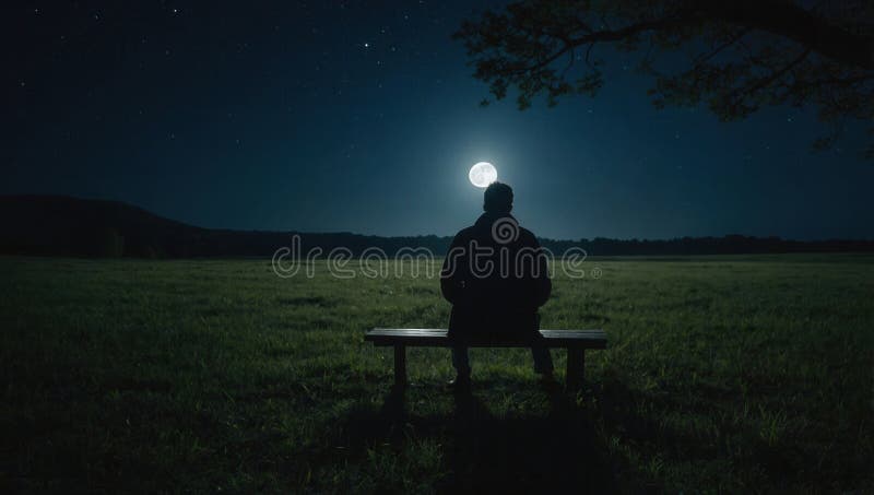 3D Rendering of Man Sitting on a Bench Under a Full Moon in a Starry ...