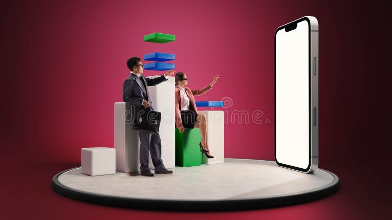 3D Rendering. Man and Woman, Working Together, Analyze Digital Charts ...