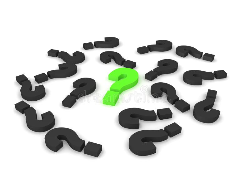 3D Rendering of Many Grey Questions Marks with a Green One in the ...