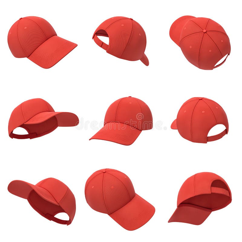 3d Rendering of Many Red Baseball Caps Hanging on a White Background in ...