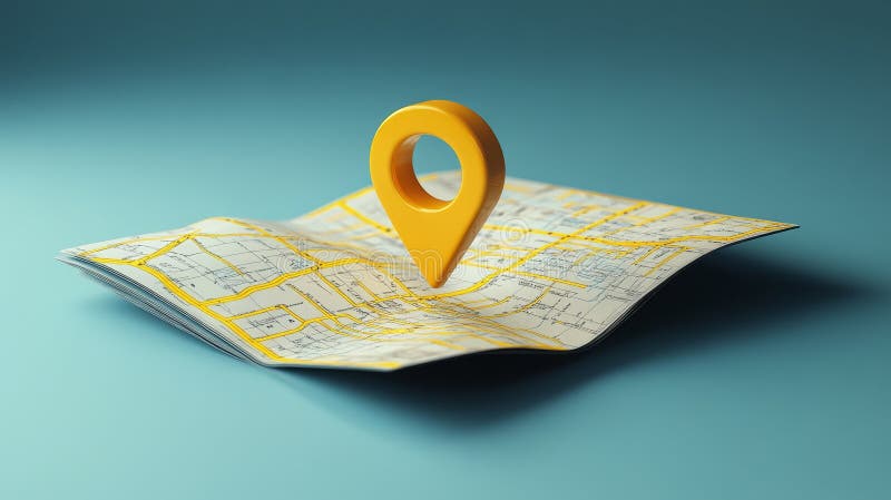 3D Rendering of a Map with a Yellow Location Pin on a Turquoise ...