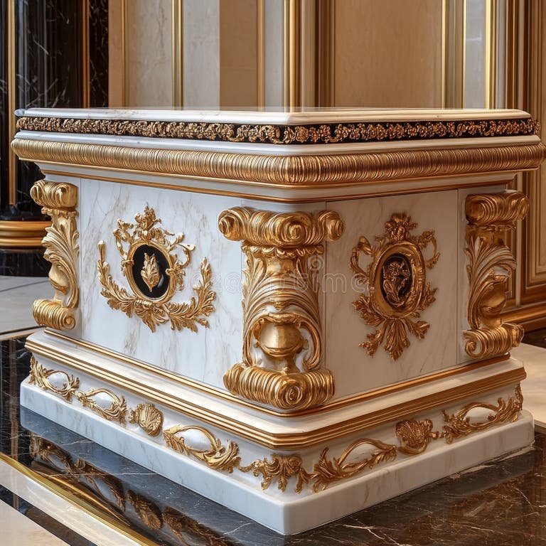 3d Rendering of a Marble Coffin with a Golden Frame in the Interior ...