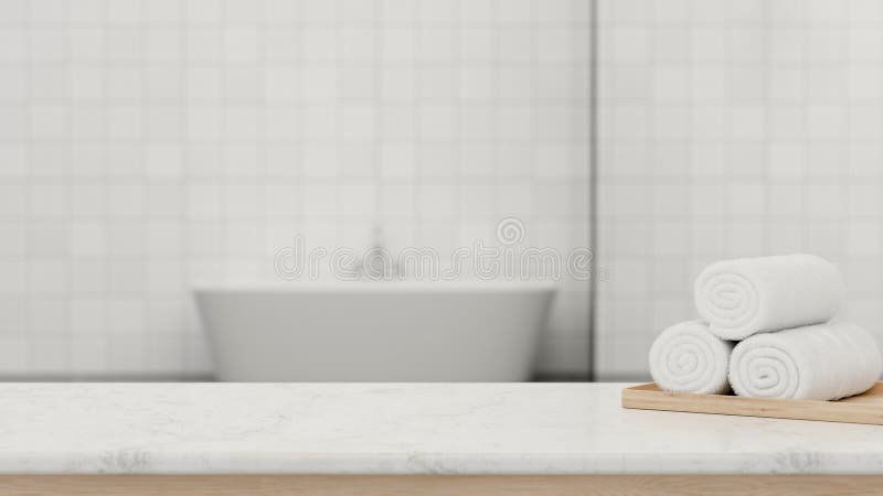 3D Rendering, Marble Counter in Modern Bath Room with White Towels and ...