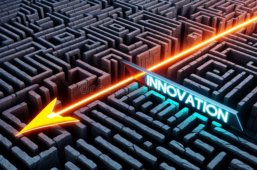 3D Rendering of a Maze, with Light Arrow and Text Word "INNOVATION ...