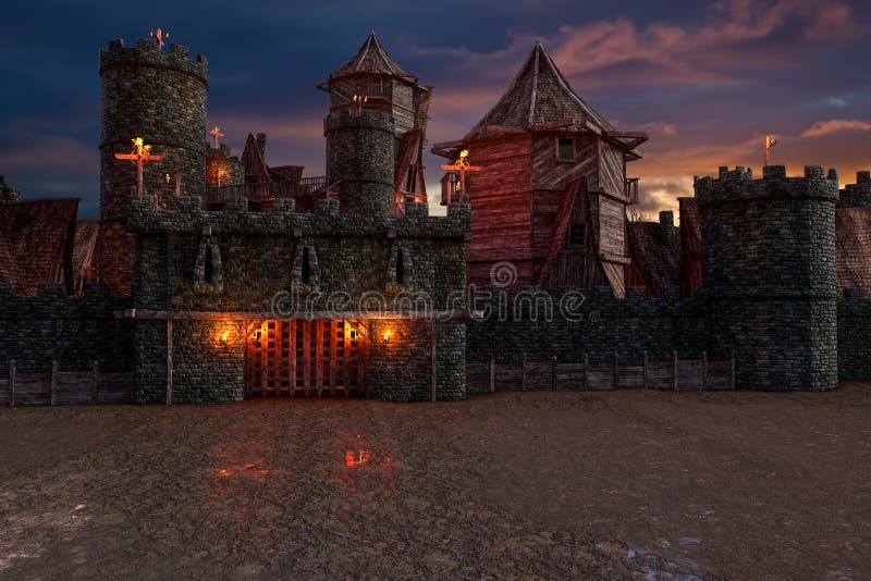 3D Rendering of a Medieval Castle or Walled Town in Evening Ligh Stock ...