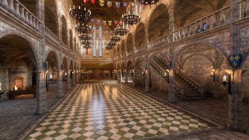 3D Rendering of a Medieval Great Hall in a Palace or Castle Stock ...