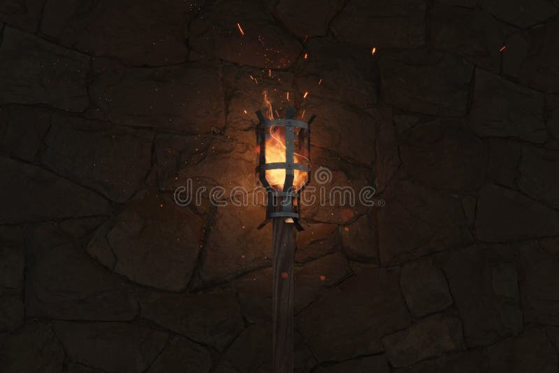 Medieval Torch with Burning Fire. Ancient Realistic Metal Torch with ...