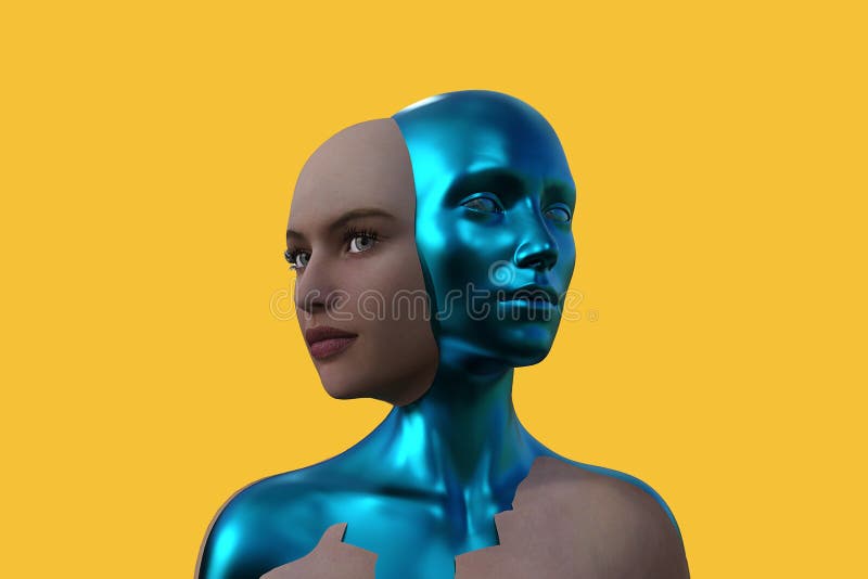 3D Rendering. Merging Two Female Heads on a Yellow Background. Stock ...