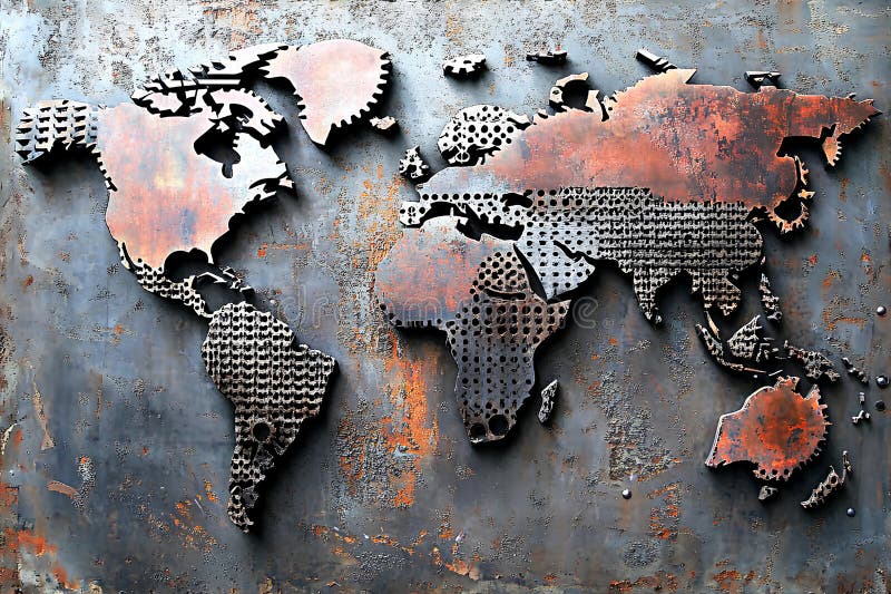 Metal World Map on Rusty Background. 3D Illustration. Copy Space. Stock ...