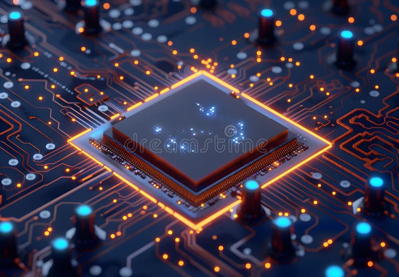 3D Rendering of a Microchip with Glowing Blue Lights Stock Illustration ...