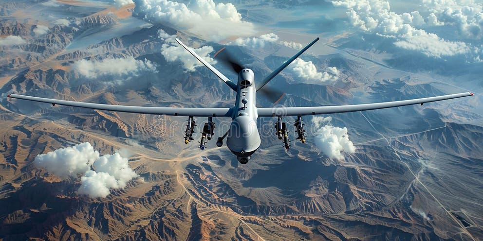 A 3d Rendering of a Military UAV Flying Over a Desert Stock ...