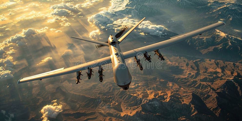 A 3d Rendering of a Military UAV Flying Over a Desert Stock ...