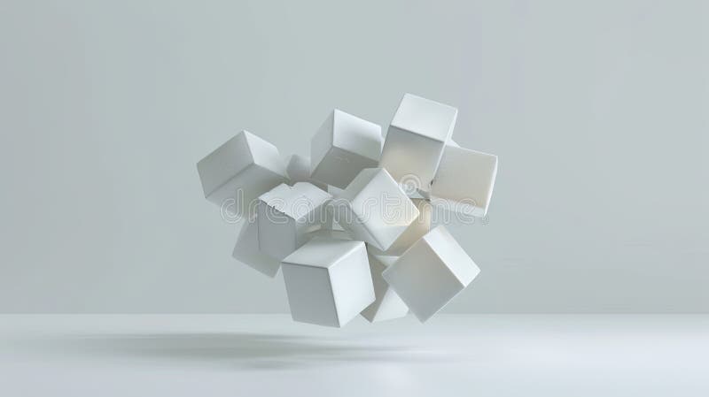 3D Rendering of a Minimalist Cluster of White Cubes Floating Against a Simple, Clean Background ...