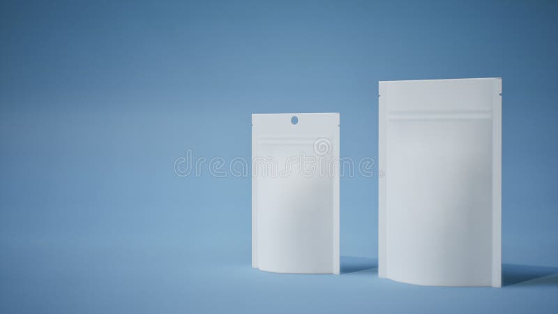 3D Rendering of Minimalist Stand-Up Pouches on a Solid Blue Background ...