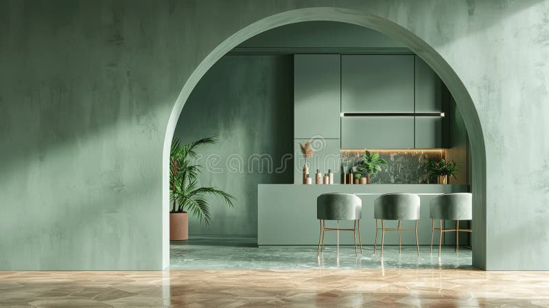 3D Rendering of Minimalistic Modern Kitchen Interior with Arched Wall ...
