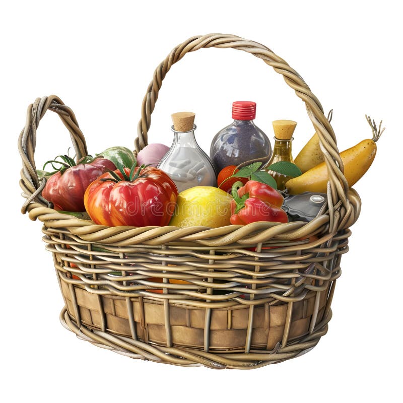 3D Rendering of a Mix Groceries Items in a Basket on Transparent ...