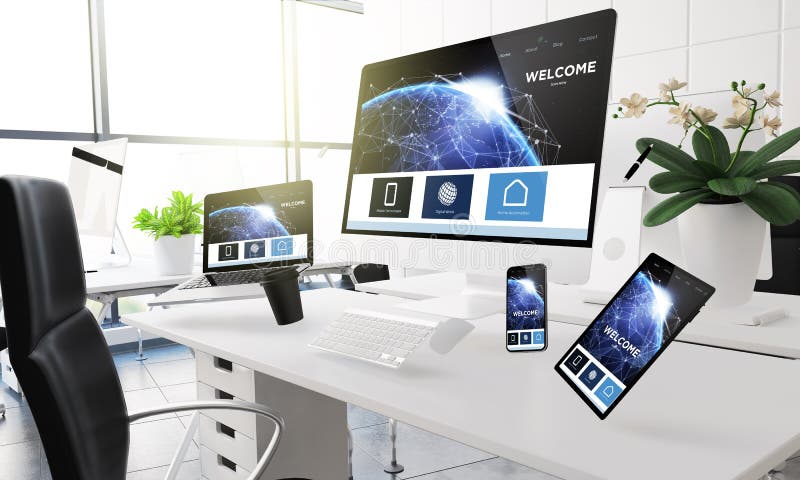 Devices Floating on Mid Air Mockup Showing Landing Page Stock ...