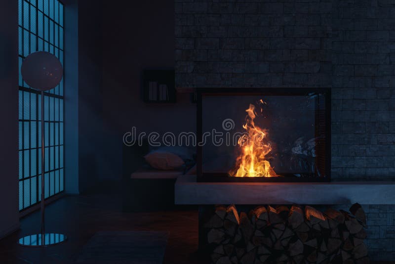 3D Rendering of Modern Apartment at Night with Fireplace and Bedroom ...