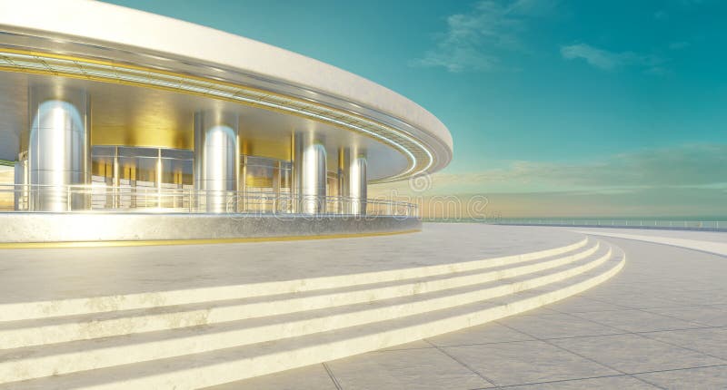 3D Rendering Modern Art Curved Building Exterior with Brick Floor and ...