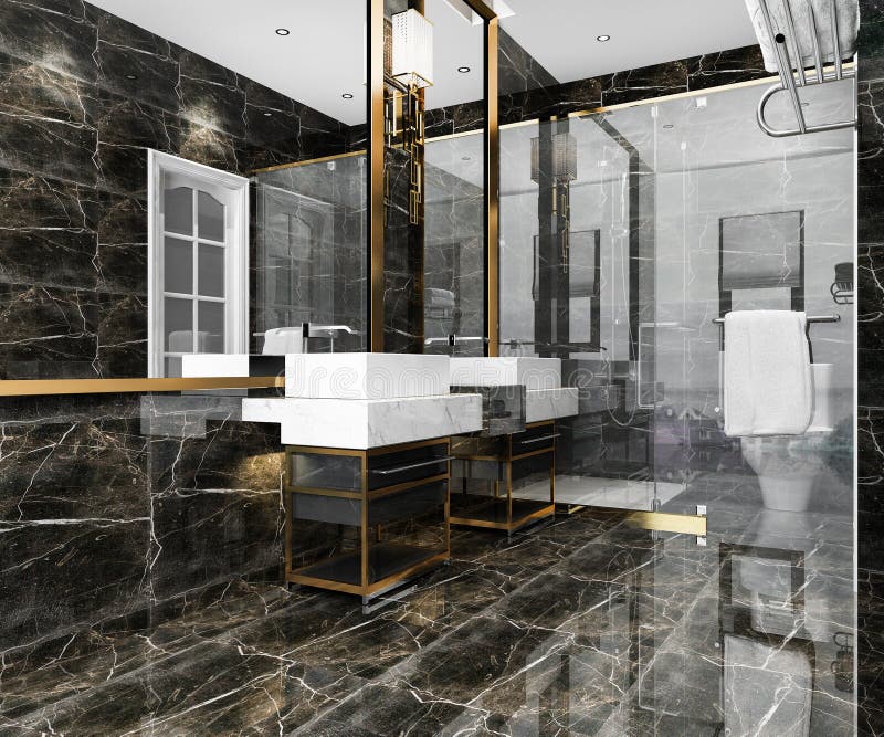 3d Rendering Modern Black Bathroom with Luxury Tile Decor Stock ...
