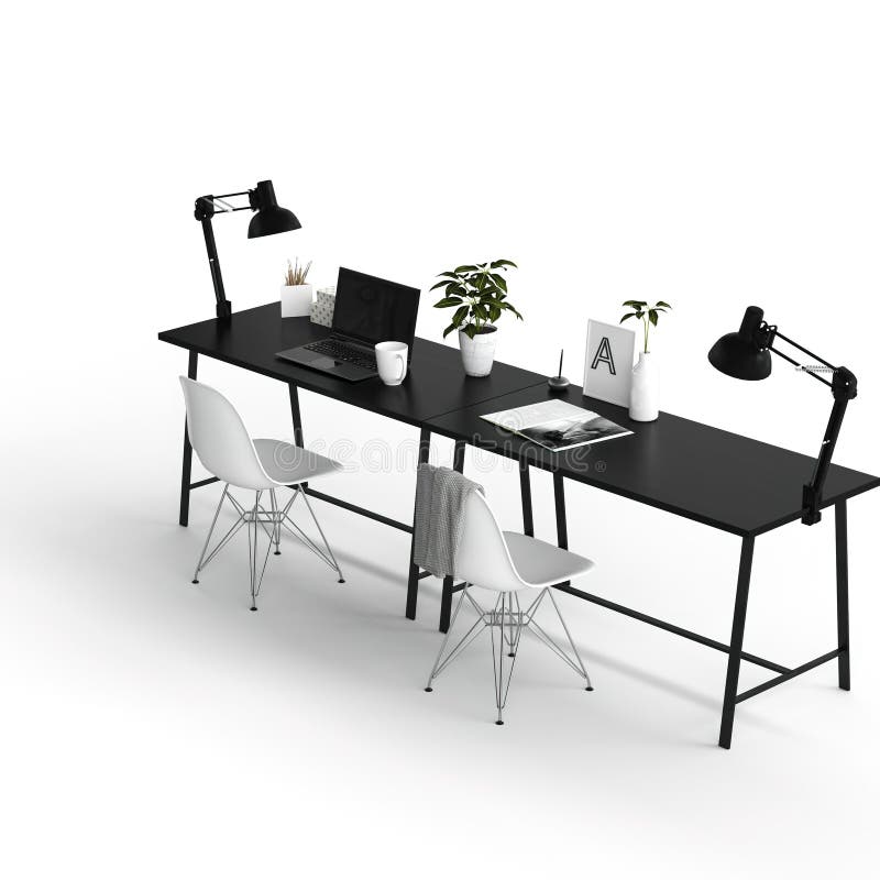 3d Rendering of a Modern Black Office Desk with a Desktop Computer, Two ...