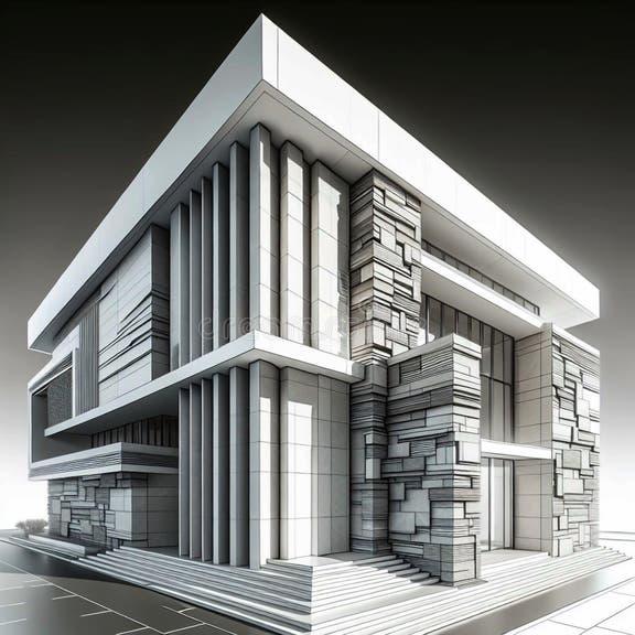 A 3D Rendering of a Modern Building with a Geometric Facade Featuring ...