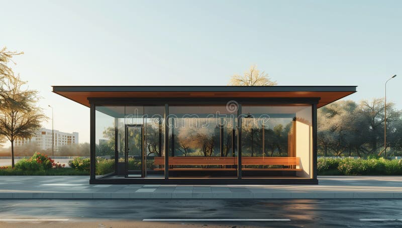 3D Rendering of a Modern Bus Stop in a City Park with Glass Windows and ...