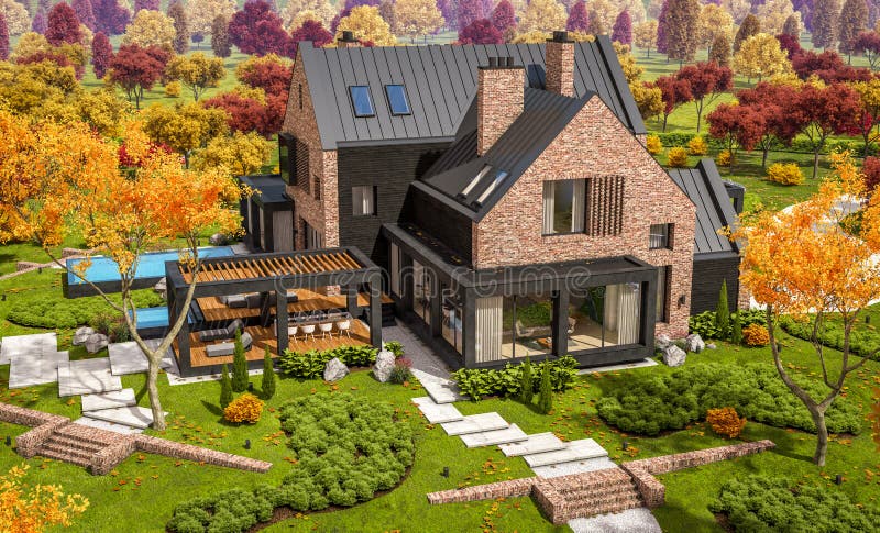 3d Rendering of Modern Clinker House on the Ponds with Pool in Autumn ...