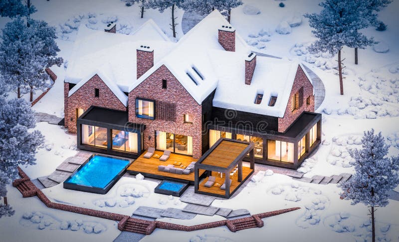 3d Rendering of Modern Clinker House on the Ponds with Pool in Winter ...