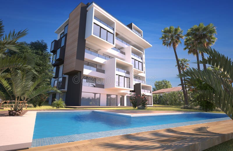 Luxurious Apartment Building with Pool Stock Illustration ...