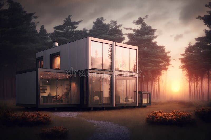 3D Rendering of a Modern Cozy House in the Forest at Sunset. Stock ...