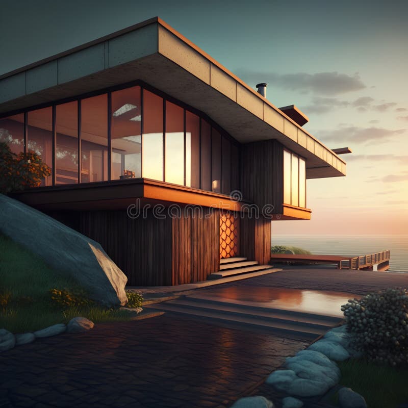 3d Rendering of Modern Cozy House on the Water with Garage. Sunset ...