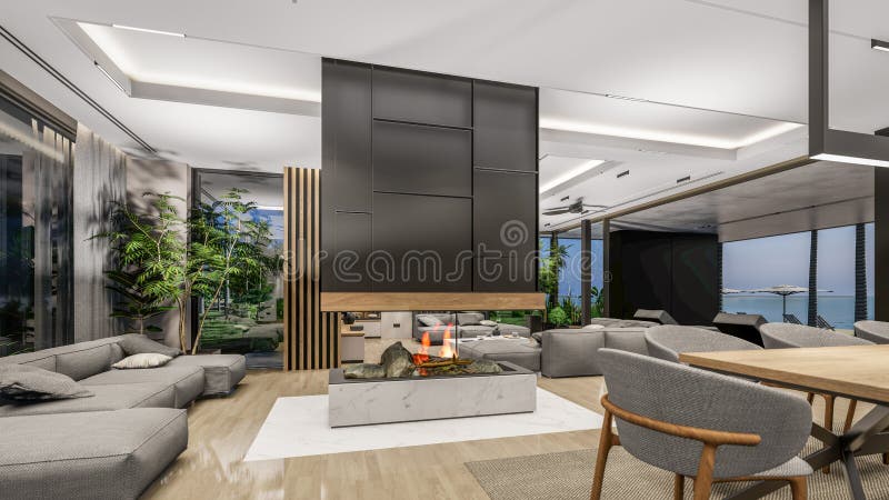 3d Rendering of Modern Cozy Interior with Living, Dining Zone, Stair ...