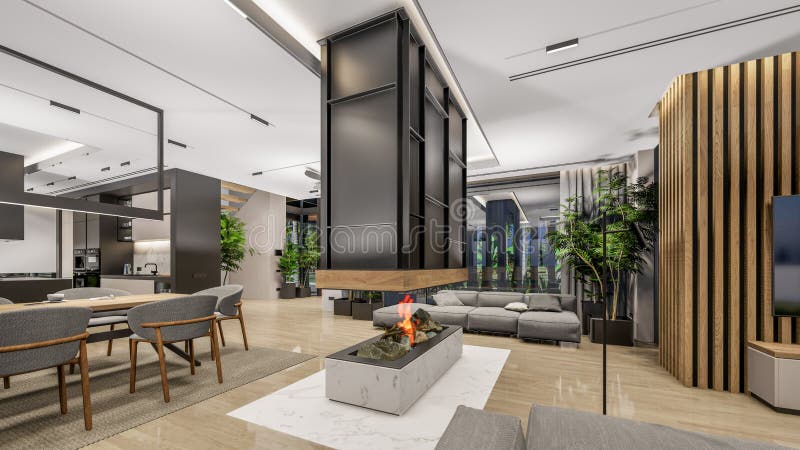 3d Rendering of Modern Cozy Interior with Living, Dining Zone, Stair ...