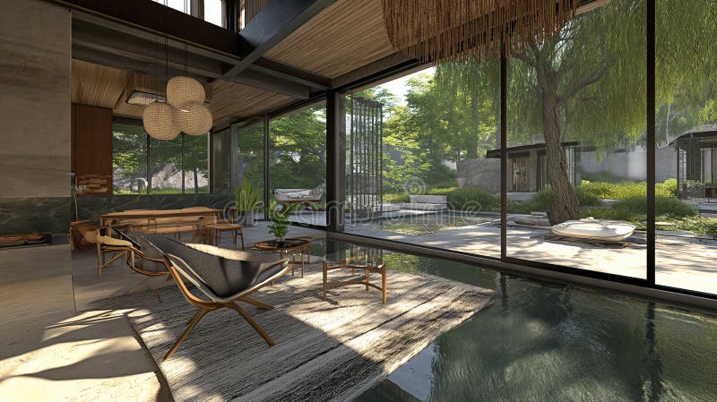 3D Rendering of a Modern Cozy Restaurant with Pool and Terrace. Stock ...
