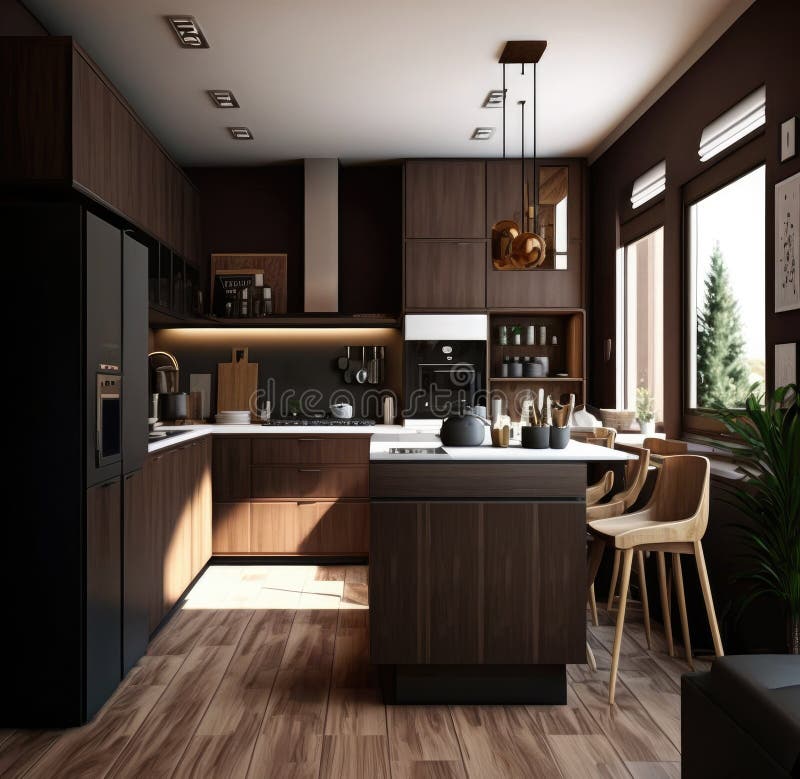 3d Rendering Modern Dark Wood Kitchen Generative AI Stock Illustration ...