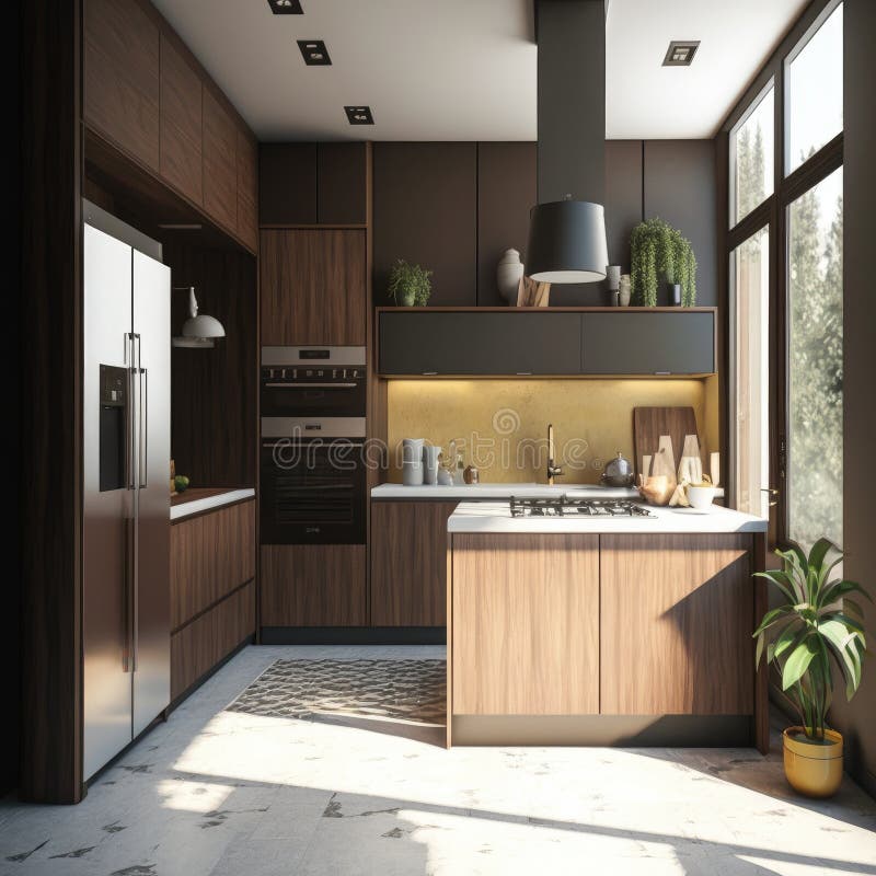 3d Rendering Modern Dark Wood Kitchen Generative AI Stock Illustration ...